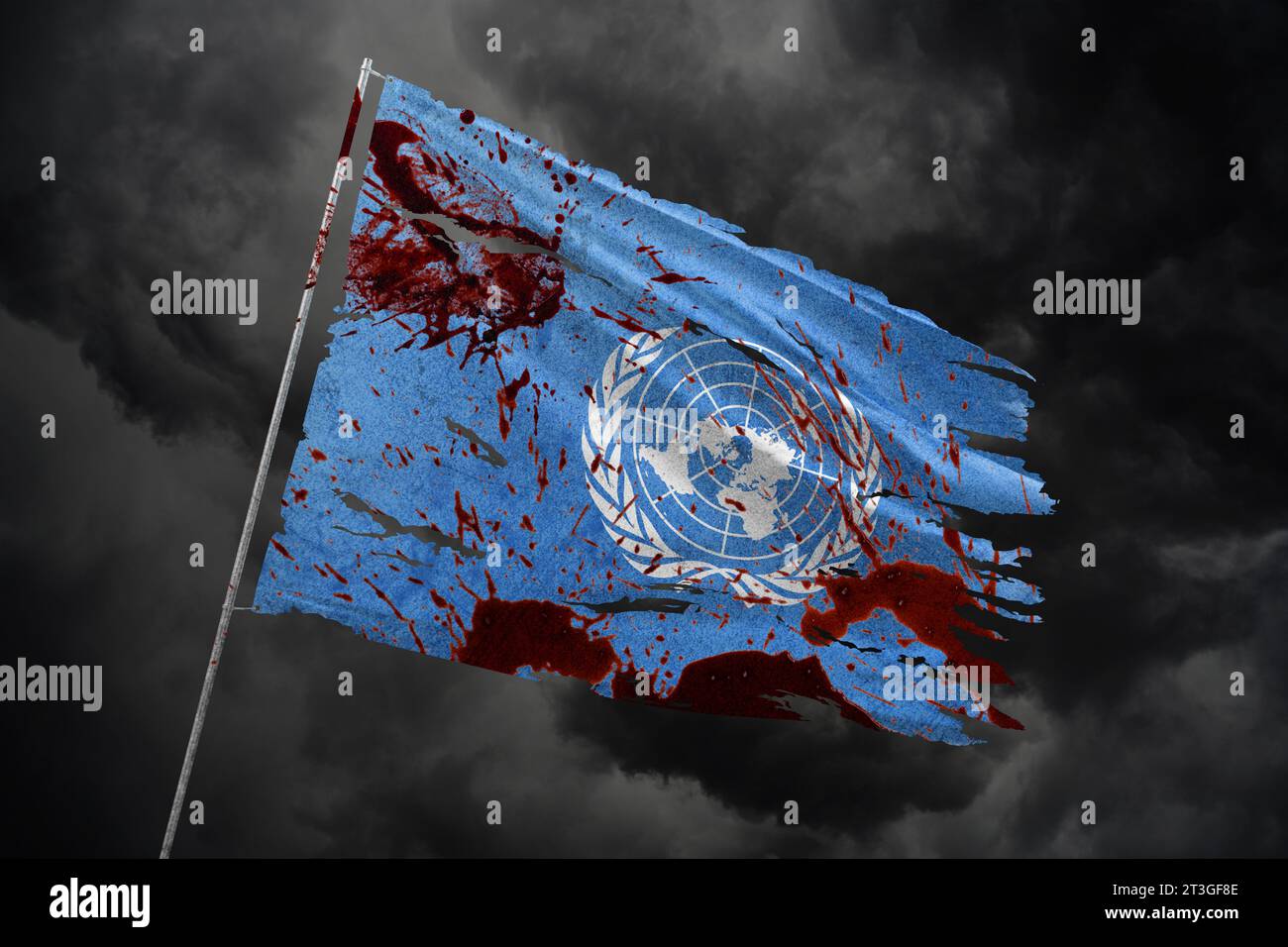 United Nations torn flag on dark sky background with blood stains Stock ...