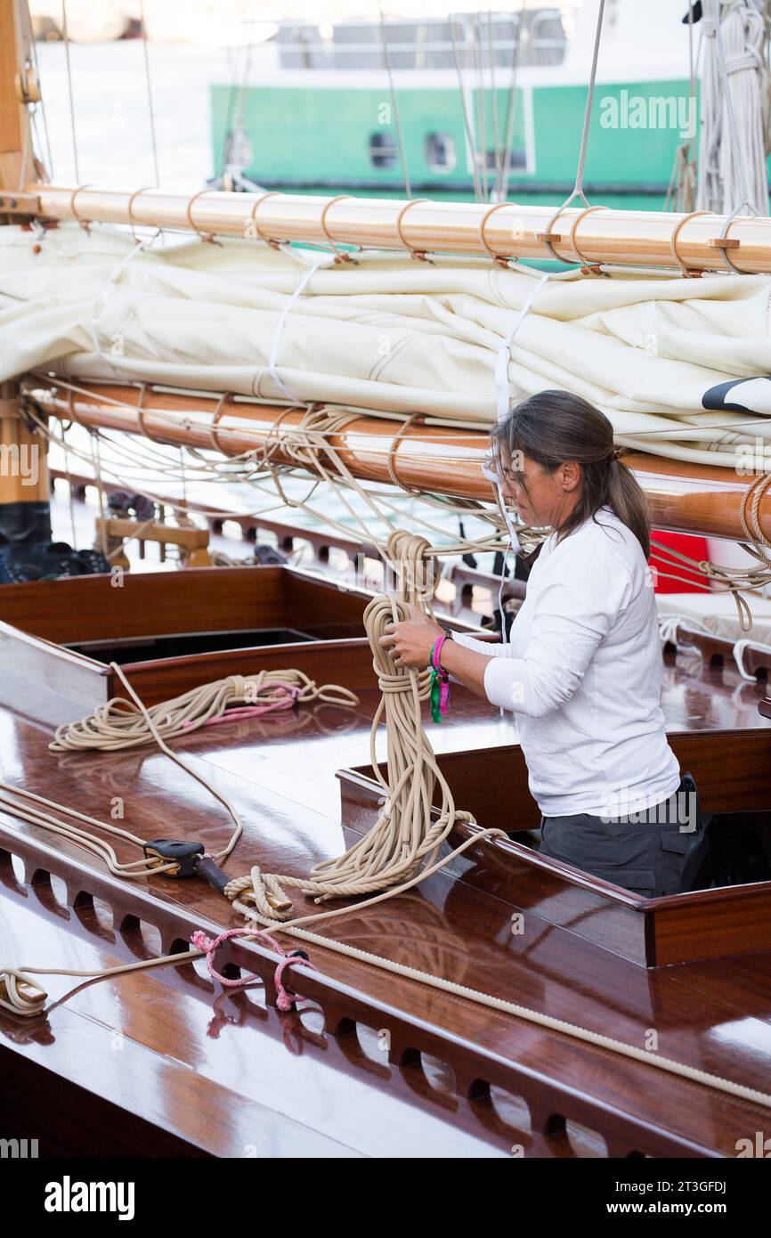 France, Var, Saint Tropez, a crew member of the classic yacht ESTHER ...