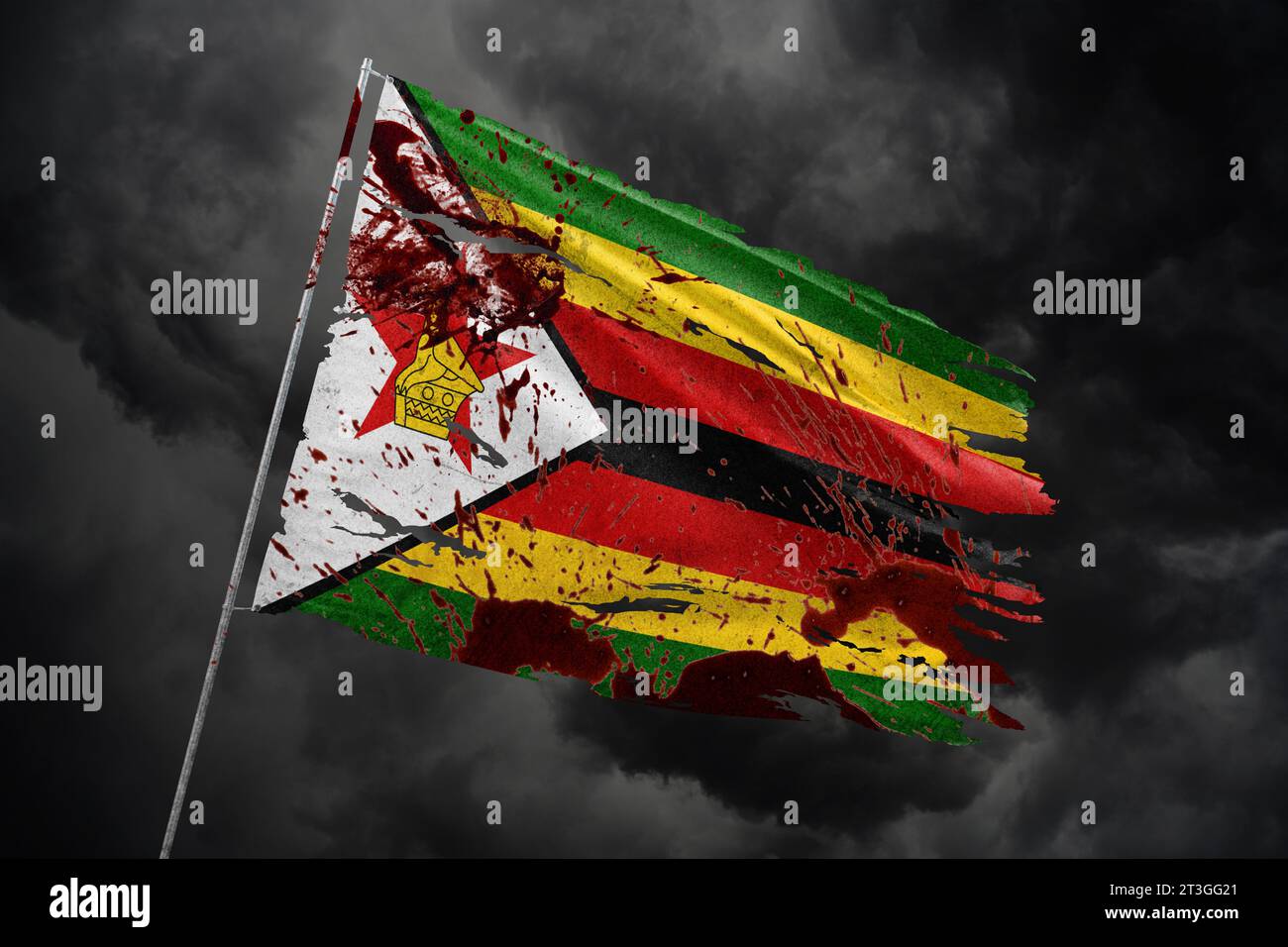 Zimbabwe torn flag on dark sky background with blood stains Stock Photo ...