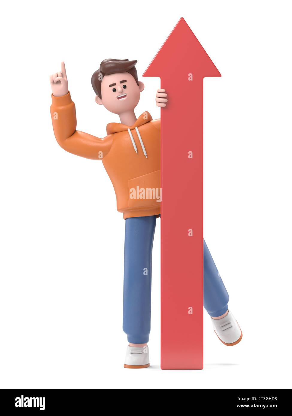 3D Illustration of smiling businessman Qadir holding arrow going up ...