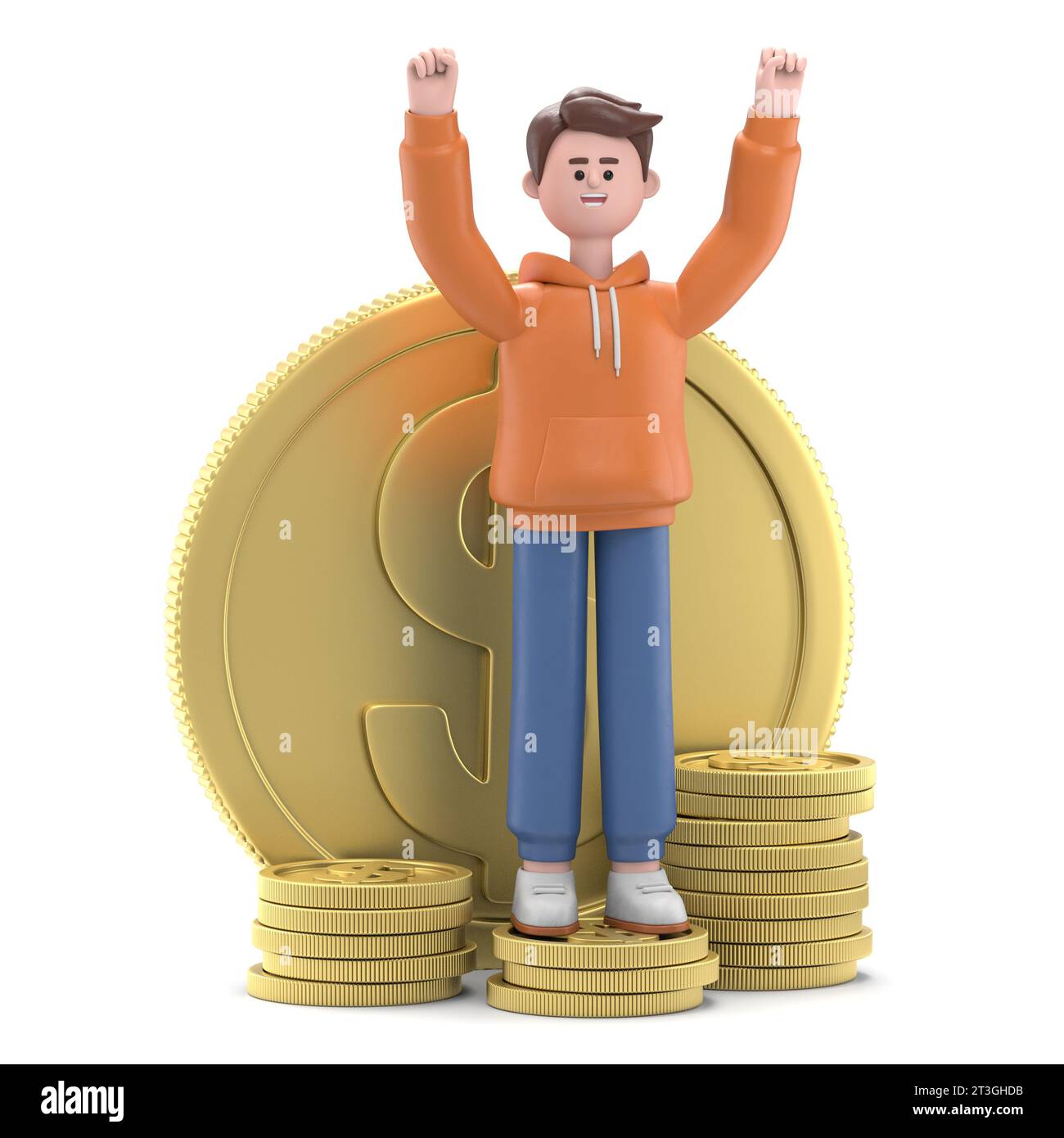 3D Illustration of smiling businessman Qadir standing on the stack of ...