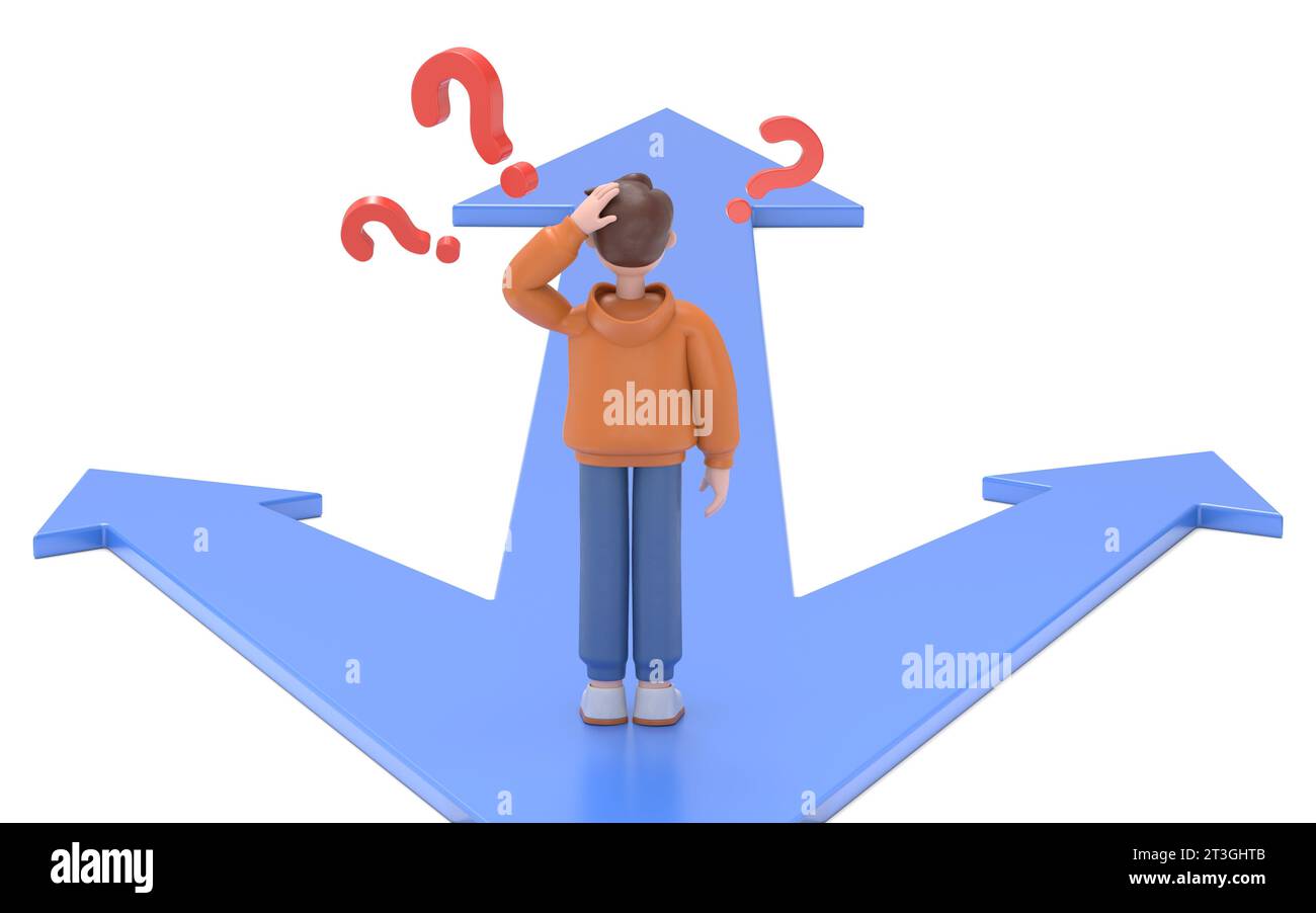 3D Illustration of smiling businessman Qadir looking at multiple road ...