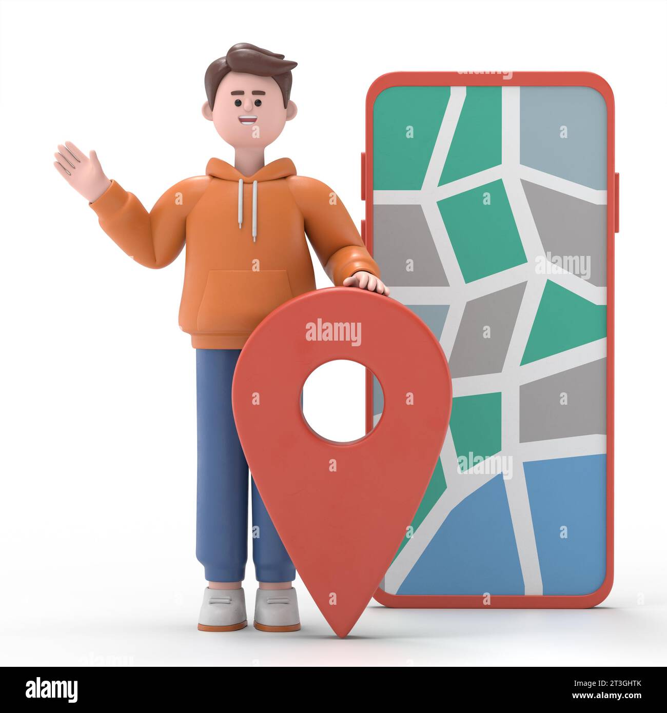 3D Illustration of smiling businessman Qadir marking locations on ...