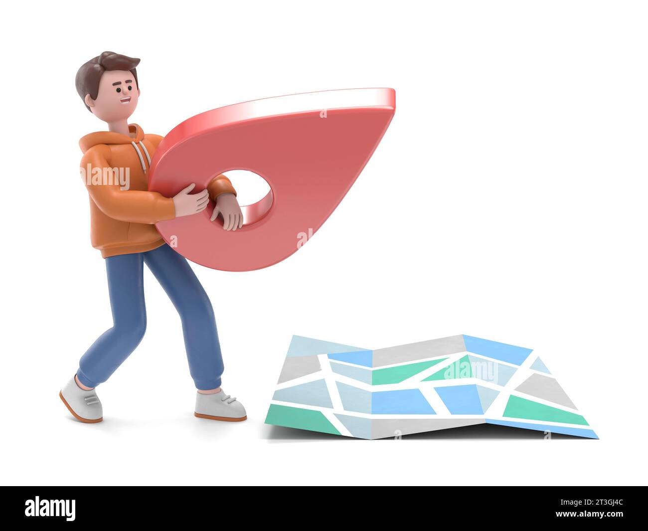 3D illustration of male guy Qadir holding pin icon, red location icon ...