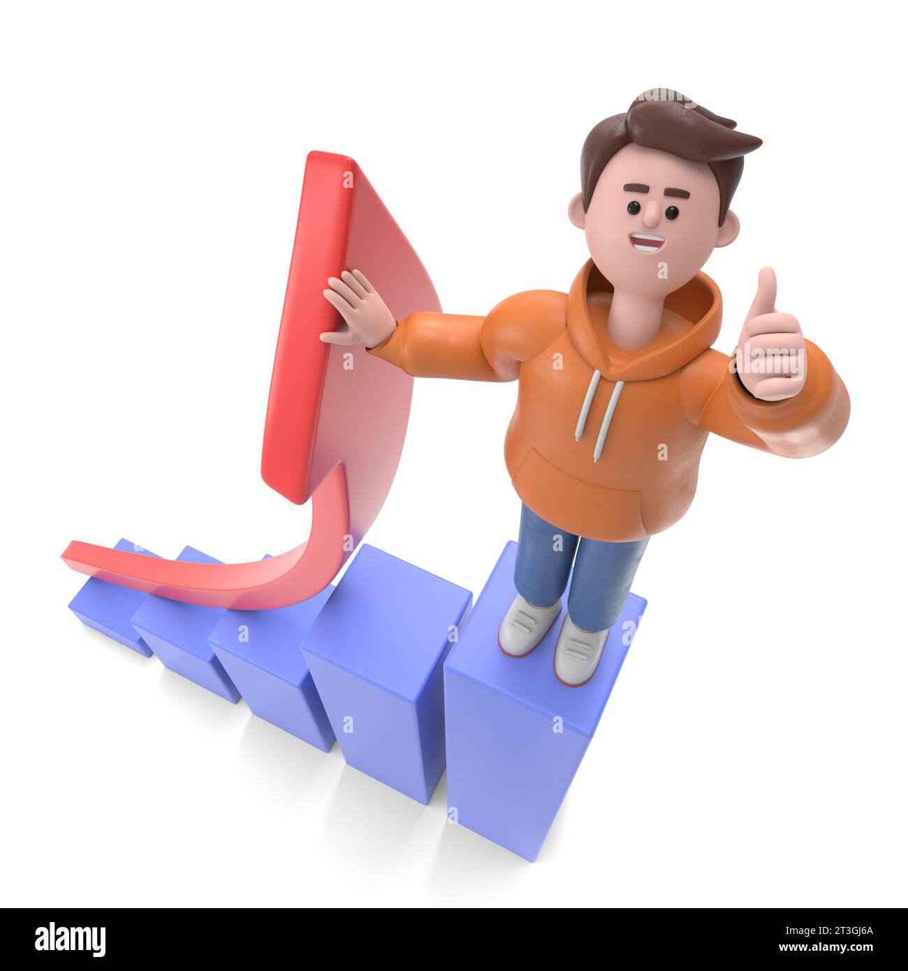 3D illustration of male guy Qadir in the top of a bar graph. Growth ...
