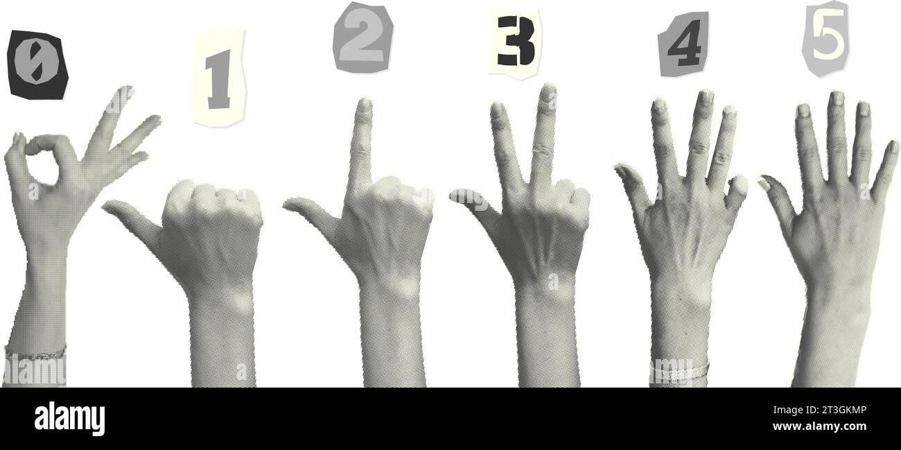 Set of halftone hands showing gestures counting from zero to five isolated on white background ...