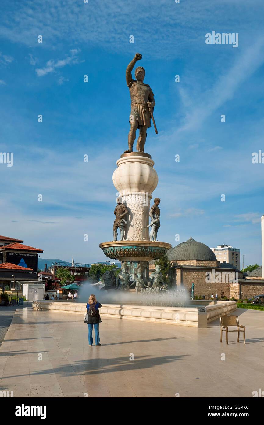 North Macedonia, Skopje, the fountain with the statue of Philip II of ...