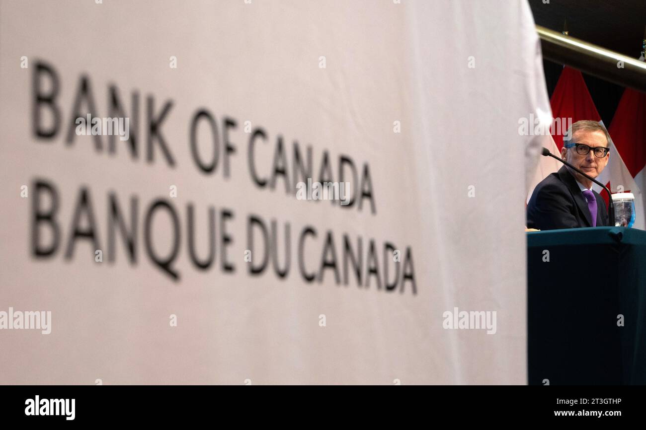 Ottawa, Canada. 25th Oct, 2023. Bank of Canada Governor Tiff Macklem is seen during a news ...