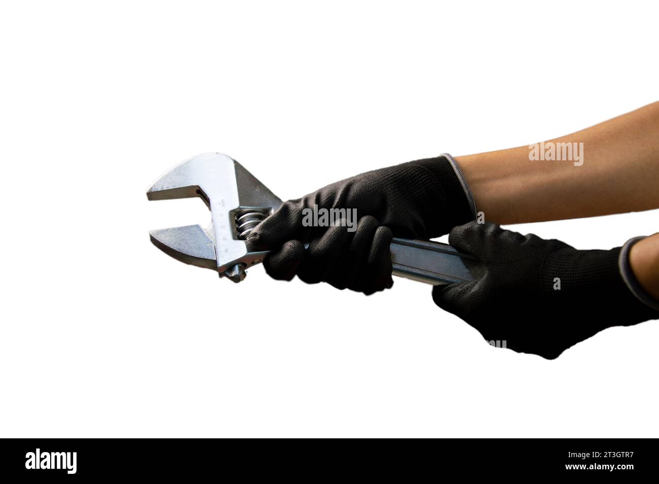 Mechanic holding a large adjustable wrench Size 375mm, white background ...
