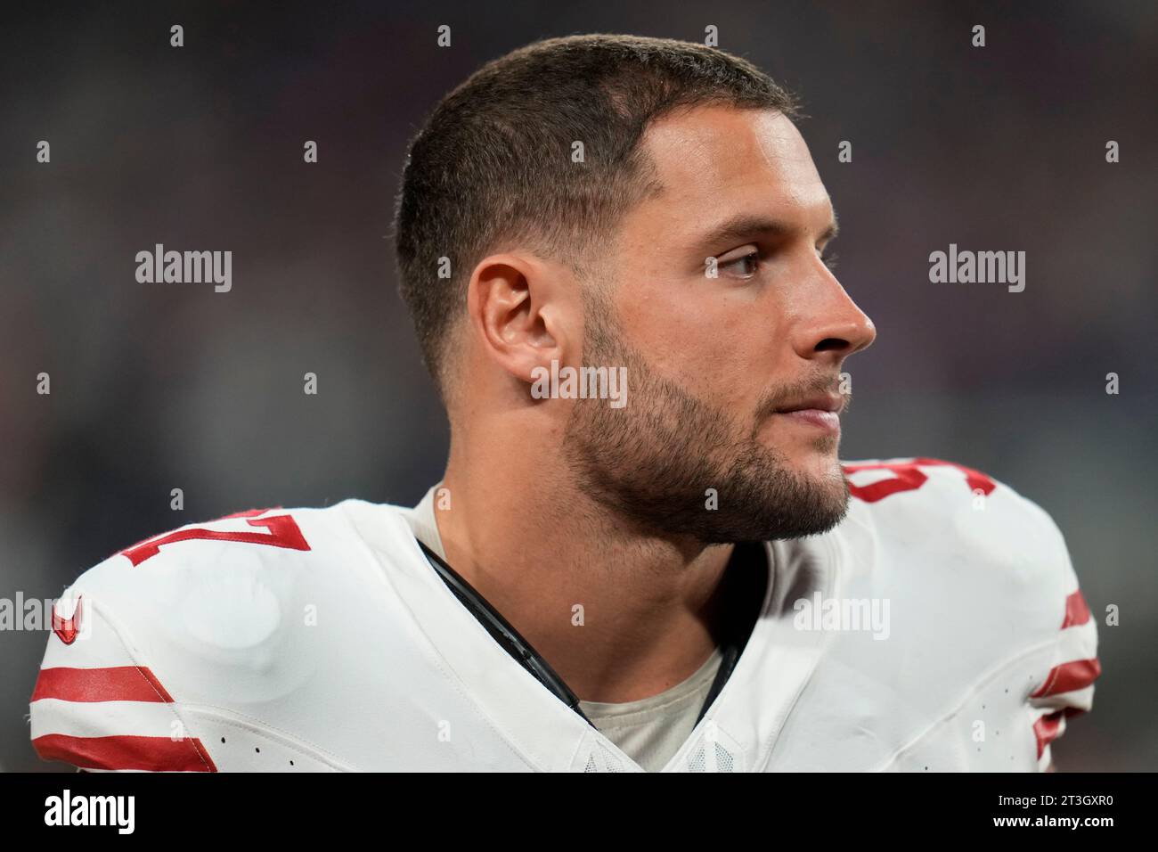 San Francisco 49ers defensive end Nick Bosa stands on the field before ...