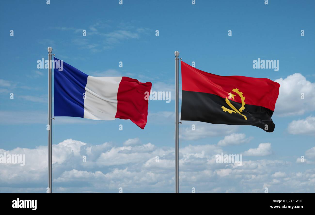 France and Angola flags waving together in the wind on blue cloudy sky ...