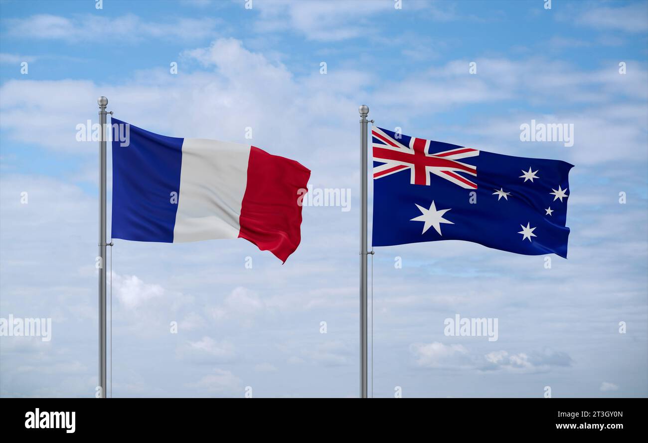 Australia and France flags waving together on blue cloudy sky, two ...