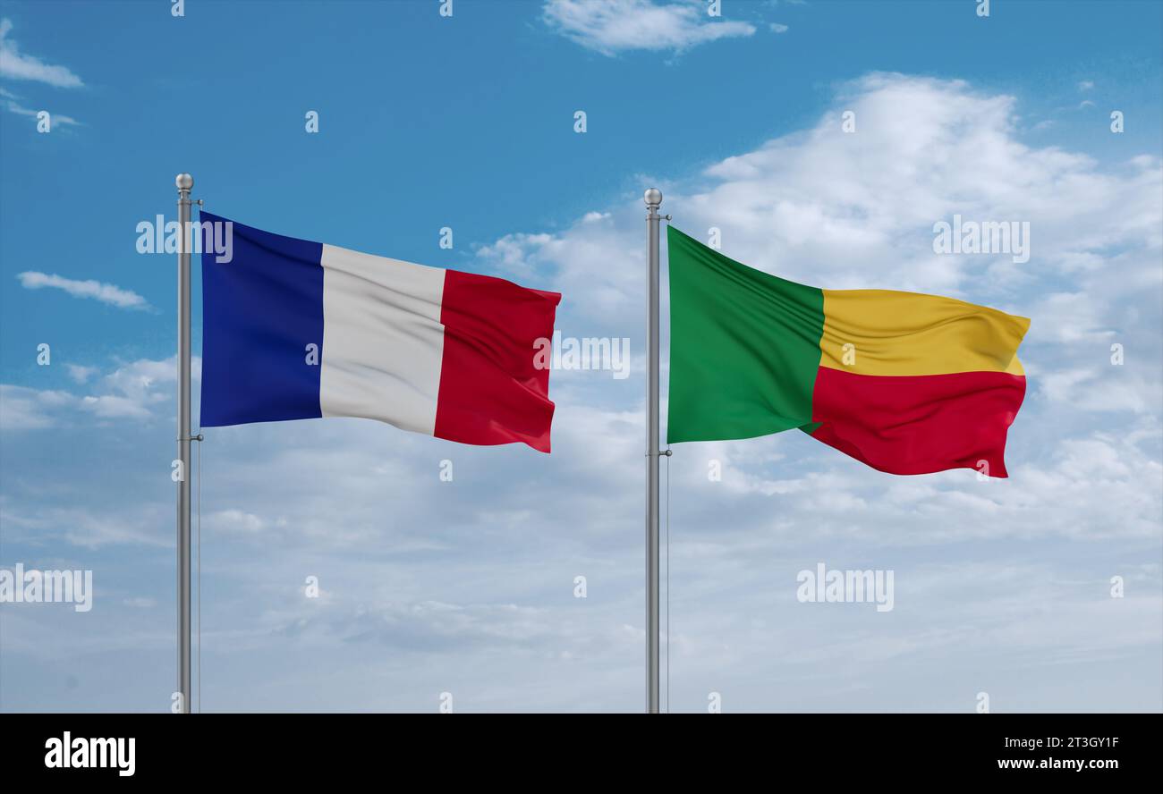 Benin and France flags waving together on blue cloudy sky, two country ...