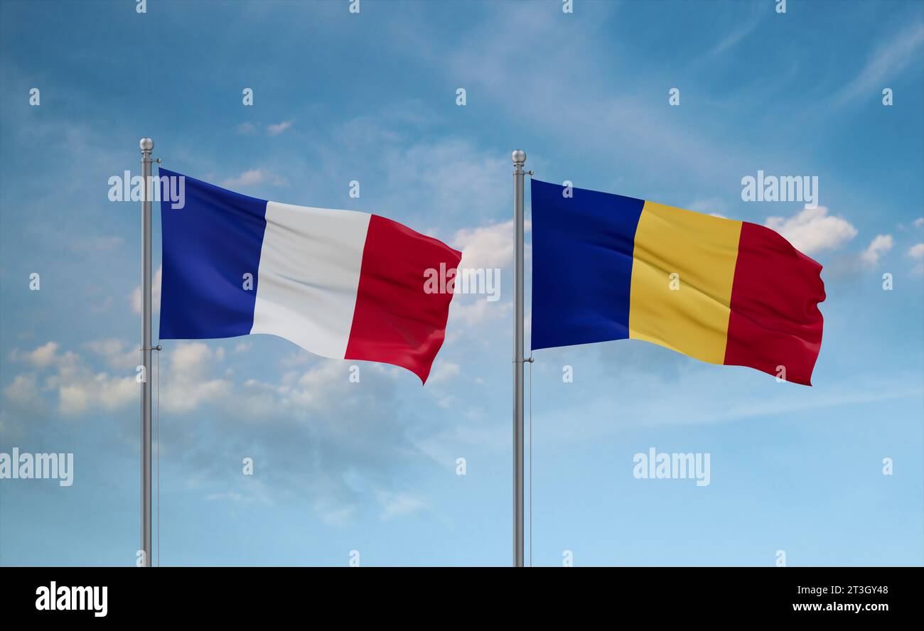 Republic of Chad and France flags waving together in the wind on blue ...