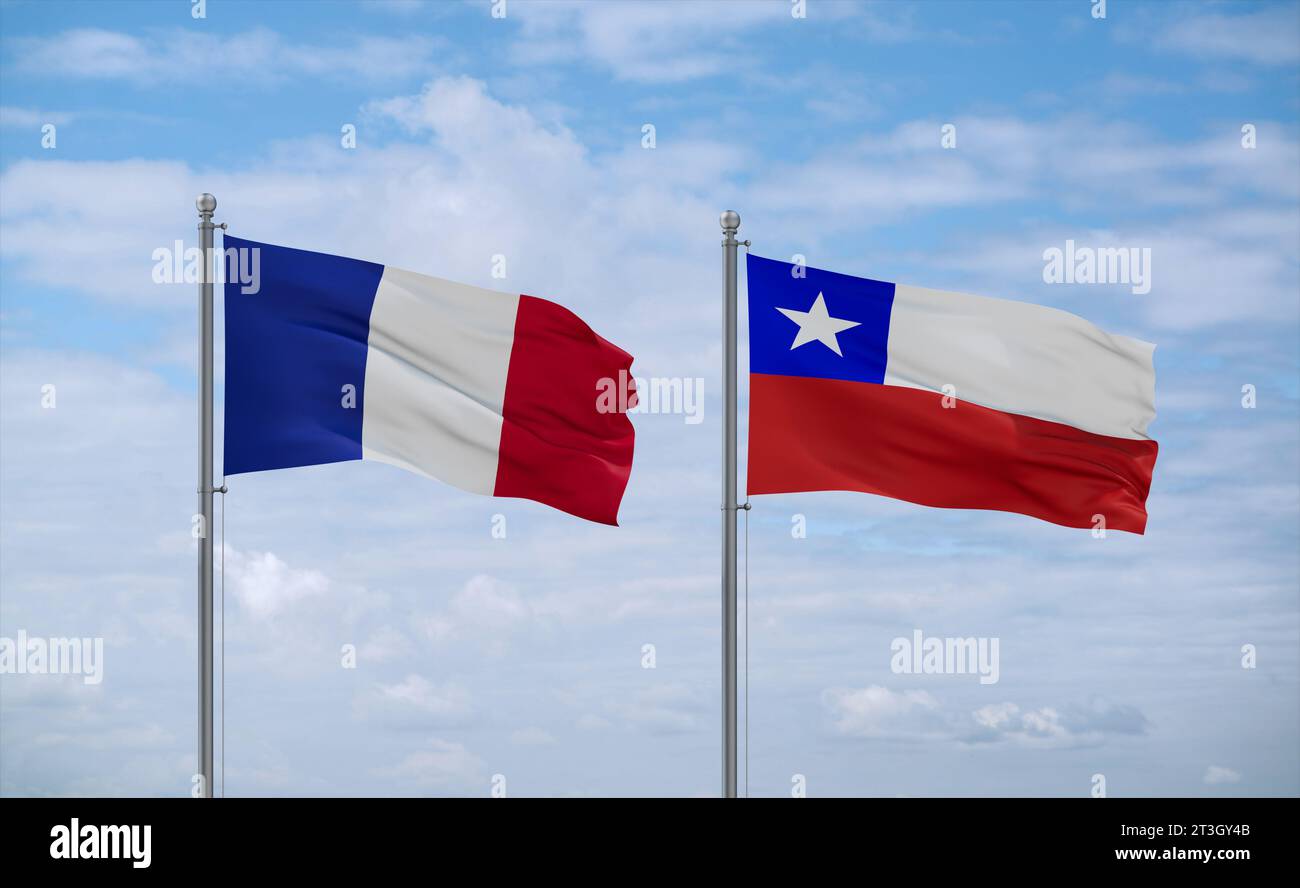 Chile and France flags waving together on blue cloudy sky, two country ...