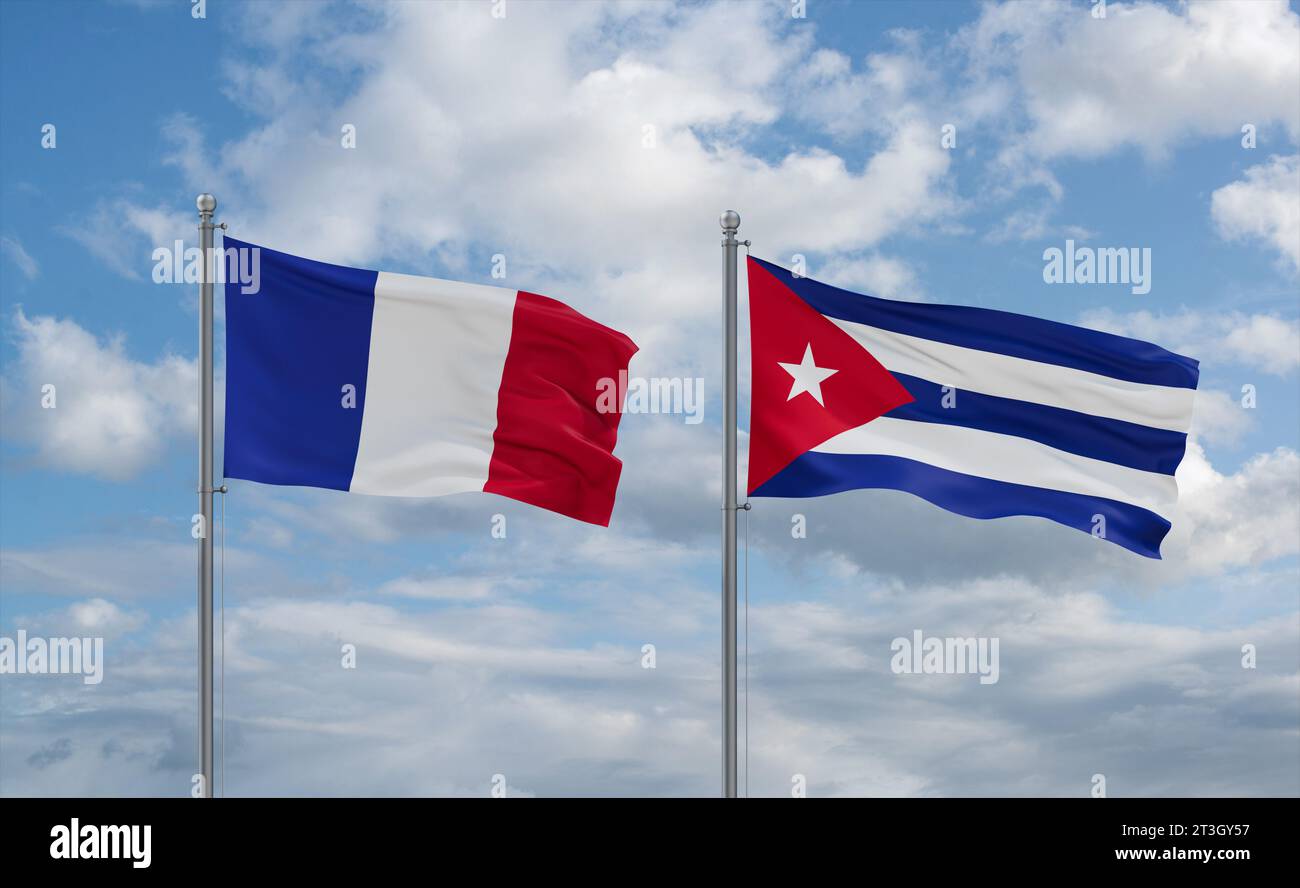 Cuba and France flags waving together in the wind on blue cloudy sky ...