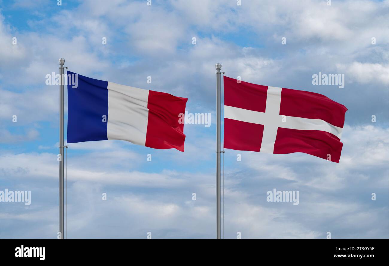 Denmark and France flags waving together on blue cloudy sky, two ...
