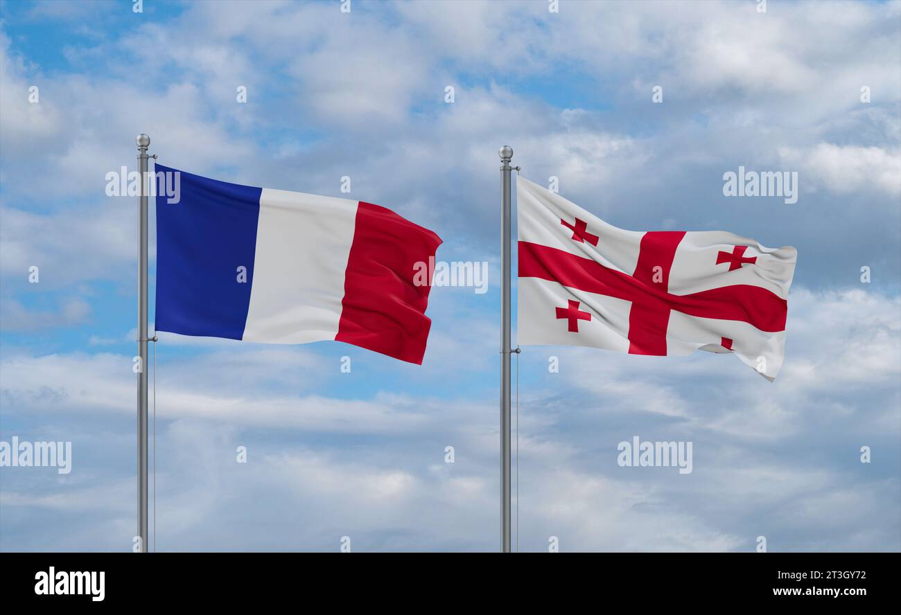 Georgia and France flags waving together on blue cloudy sky, two ...