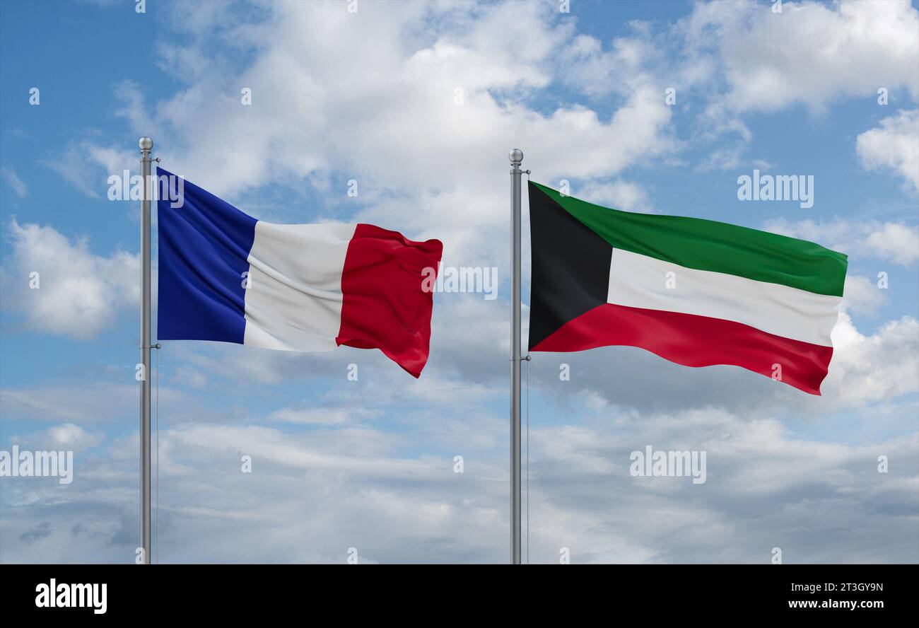 Kuwait and France flags waving together in the wind on blue cloudy sky ...