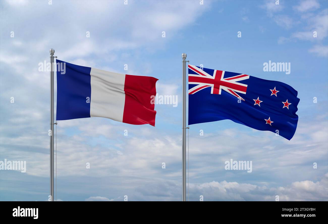 New Zealand and France flags waving together in the wind on blue cloudy ...