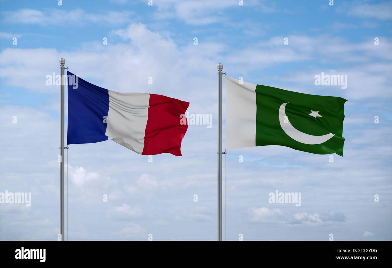 Pakistan and France flags waving together on blue cloudy sky, two ...