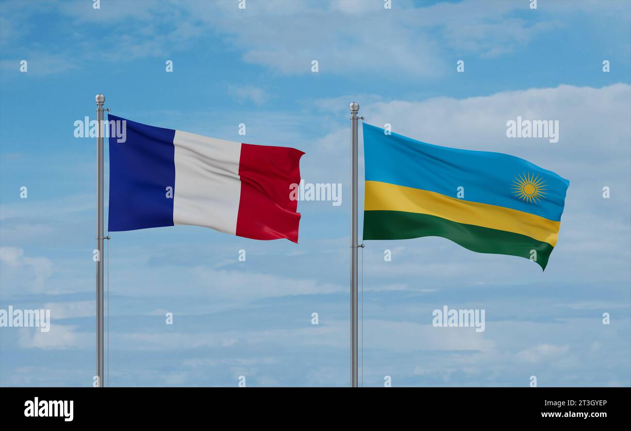 Republic of Rwanda and France flags waving together in the wind on blue ...