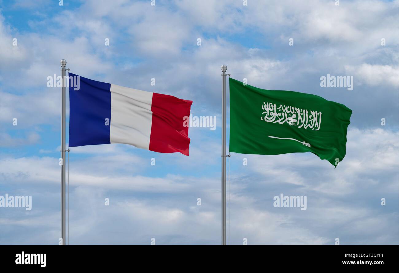 France and Saudi Arabia flags waving together in the wind on blue ...