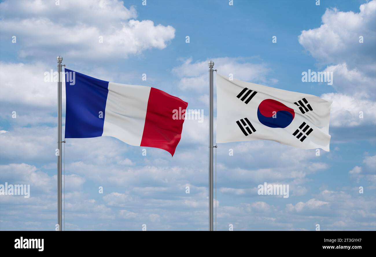 South Korea or Republic of Korea or ROK and France flags waving ...