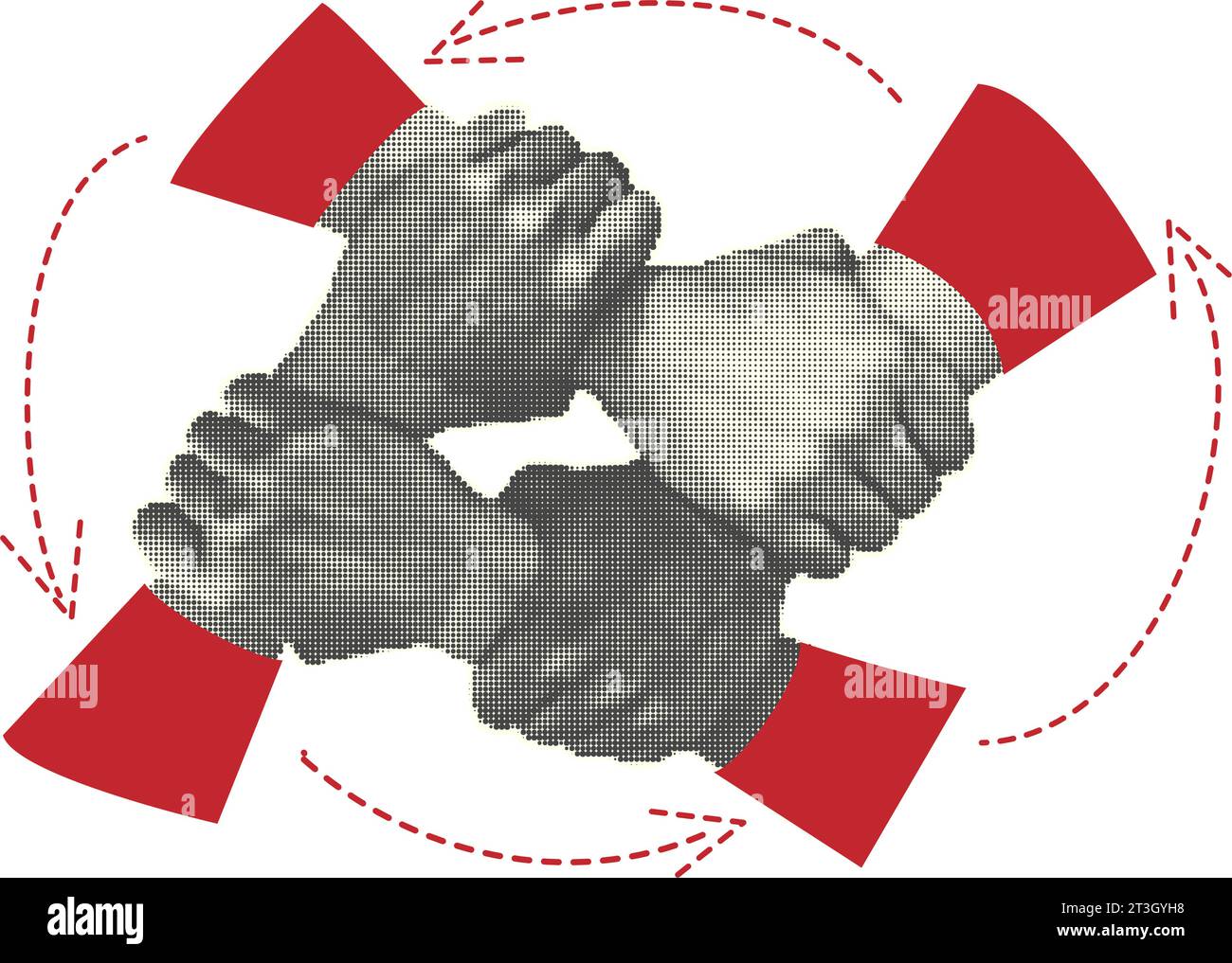 Four diverse people holding each others wrists in circle. Top view ...