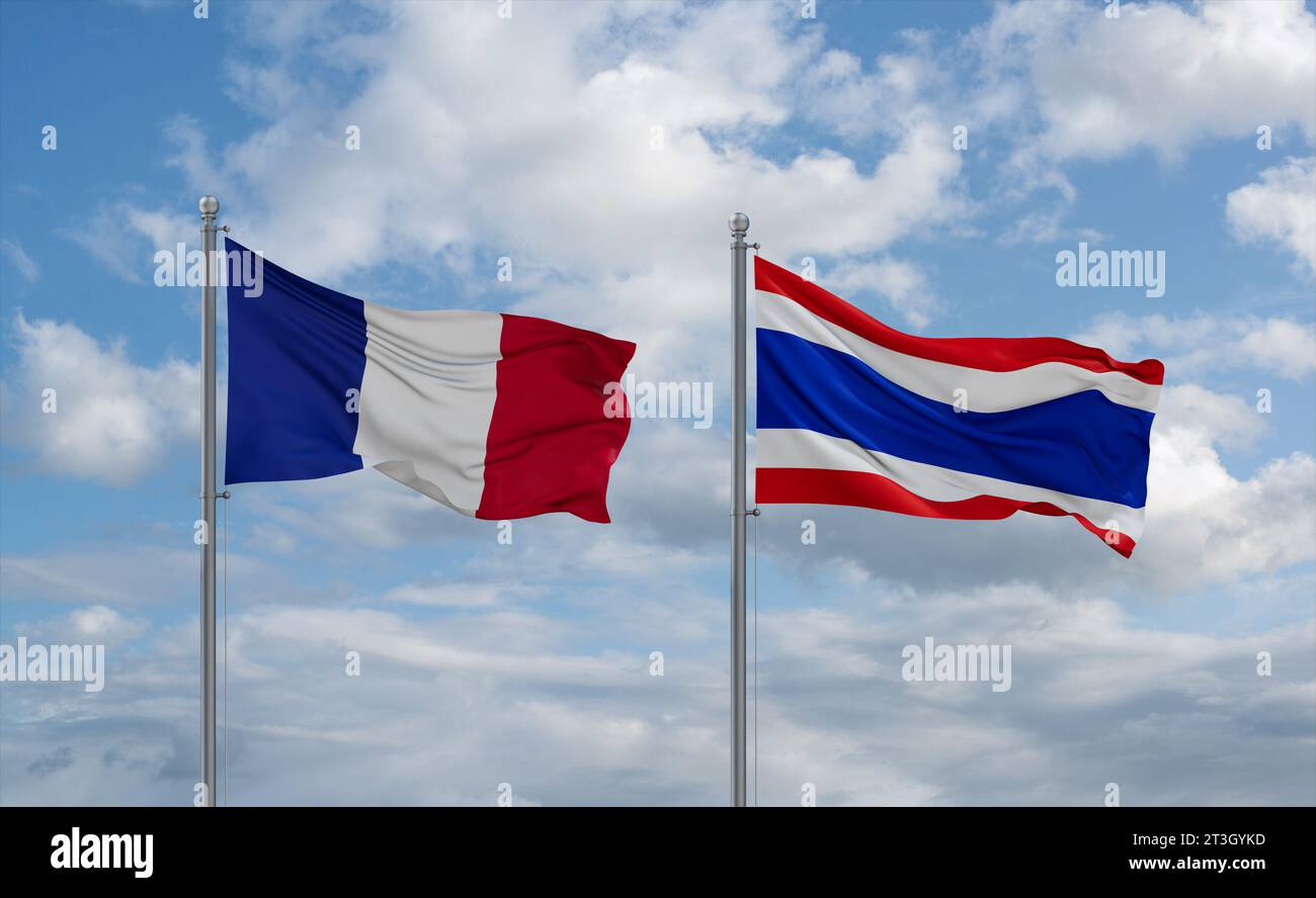 Kingdom of Thailand and France flags waving together in the wind on ...