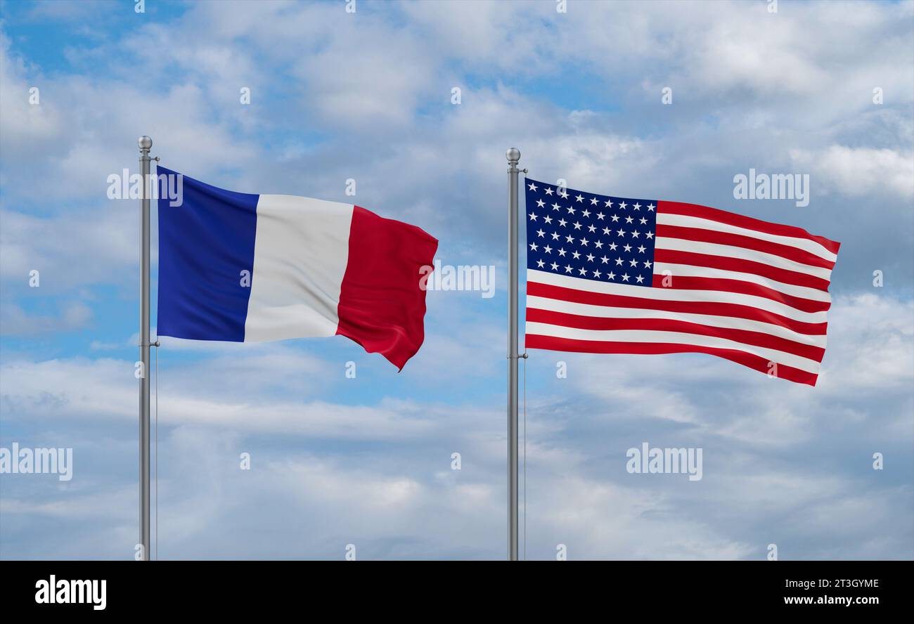 USA and France flags waving together in the wind on blue cloudy sky ...