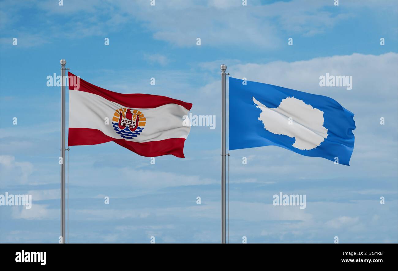 French Polynesia and Antarctica flags waving together in the wind on ...