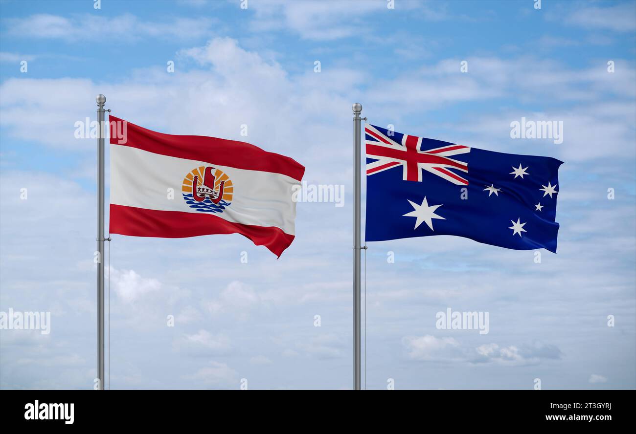 Australia and French Polynesia flags waving together on blue cloudy sky ...