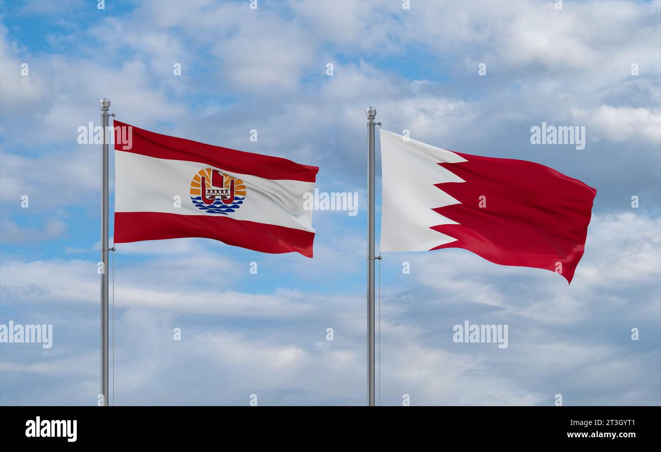 Bahrain and French Polynesia flags waving together on blue cloudy sky ...