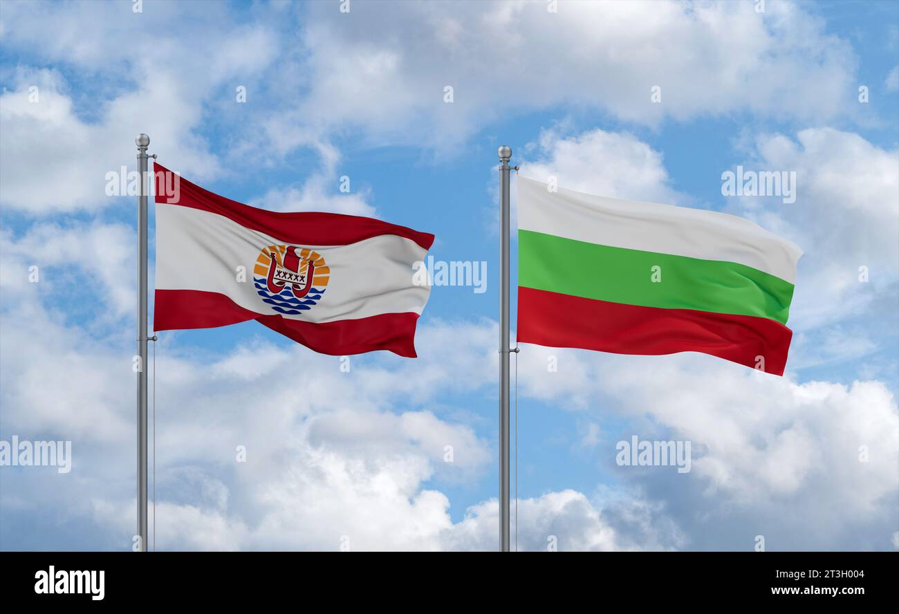 Bulgaria and French Polynesia flags waving together on blue cloudy sky, two country relationship ...