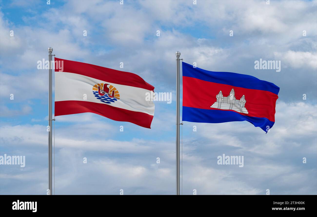 Cambodia and French Polynesia flags waving together on blue cloudy sky, two country relationship ...