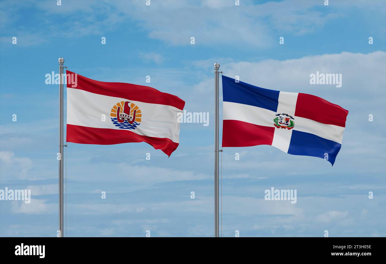 Dominican Republic and French Polynesia flags waving together on blue cloudy sky, two country ...