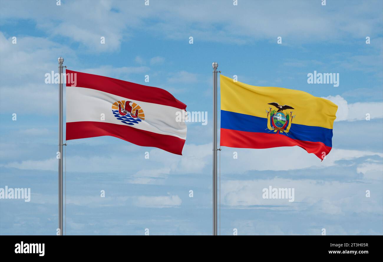 Ecuador and French Polynesia flags waving together on blue cloudy sky, two country relationship ...