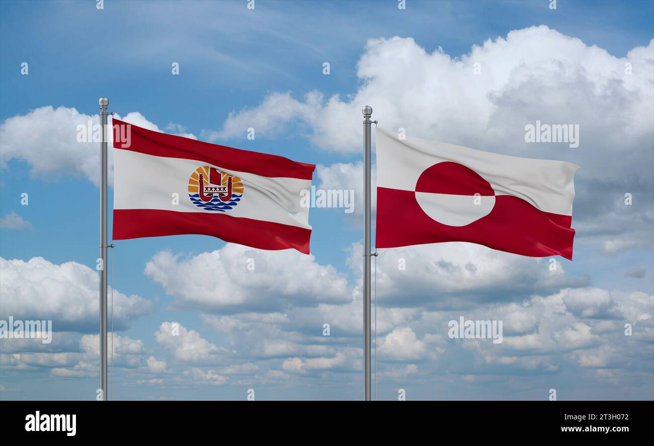 Greenland and French Polynesia flags waving together on blue cloudy sky ...