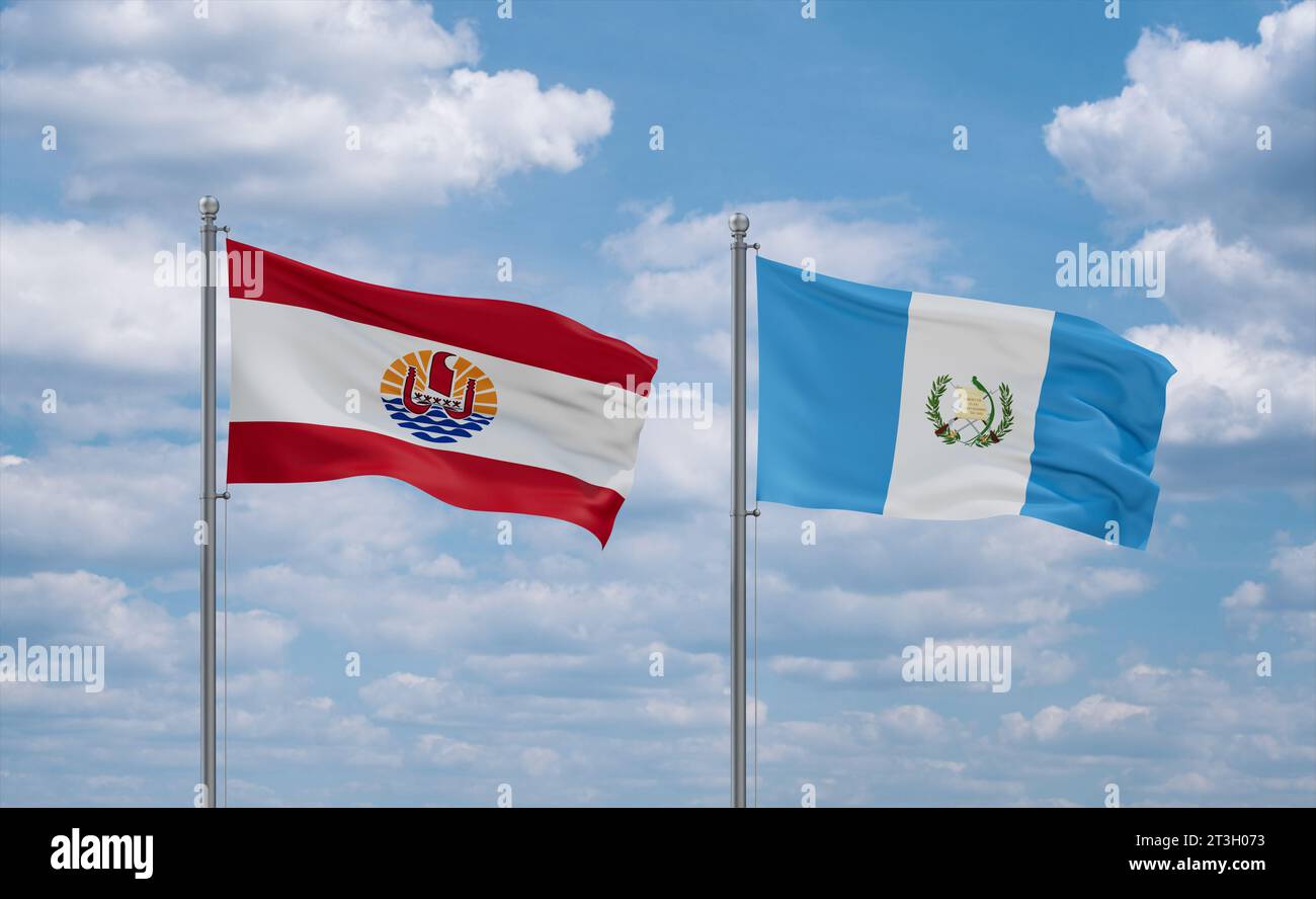 Guatemala and French Polynesia flags waving together on blue cloudy sky, two country ...