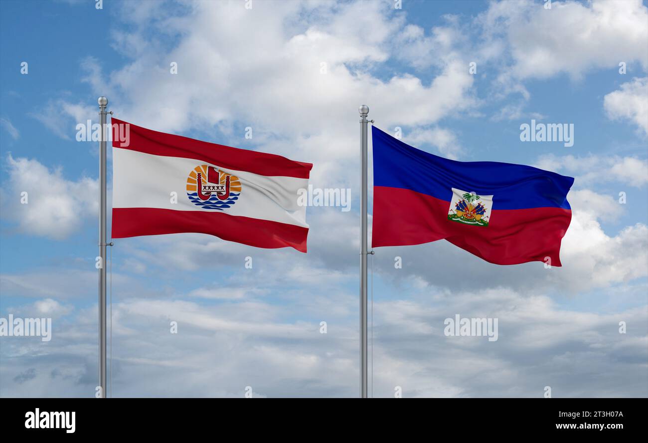 Haiti and French Polynesia flags waving together on blue cloudy sky, two country relationship ...
