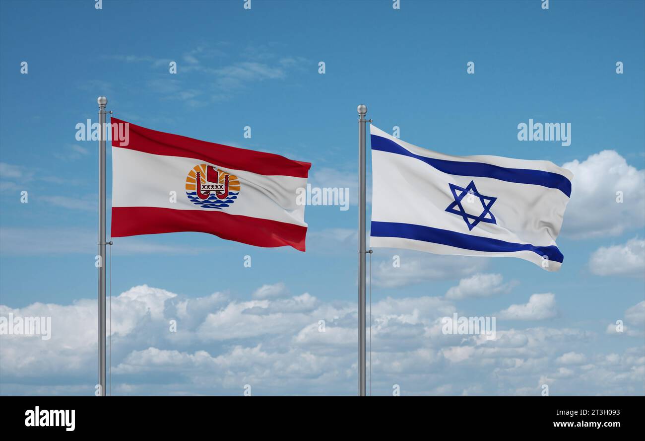 Israel and French Polynesia flags waving together on blue cloudy sky ...