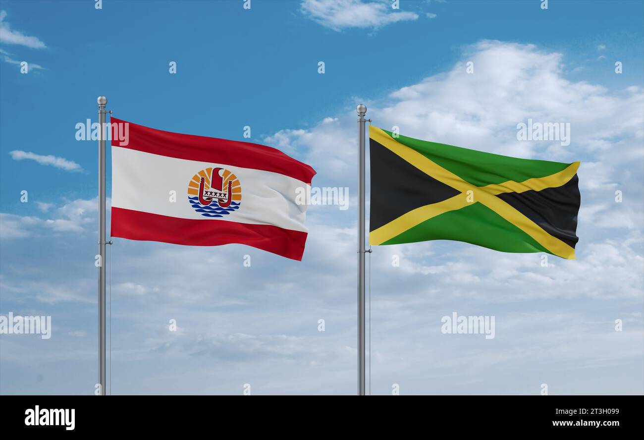 Jamaica and French Polynesia flags waving together in the wind on blue cloudy sky, two country ...