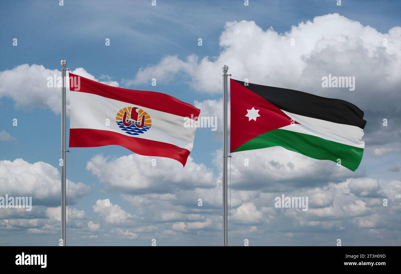 Jordan and French Polynesia flags waving together in the wind on blue cloudy sky, two country ...