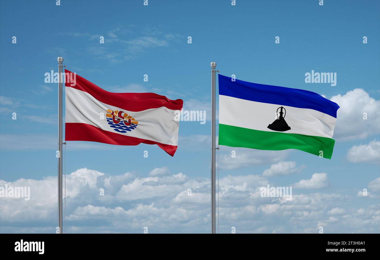 Lesotho and French Polynesia flags waving together in the wind on blue cloudy sky, two country ...