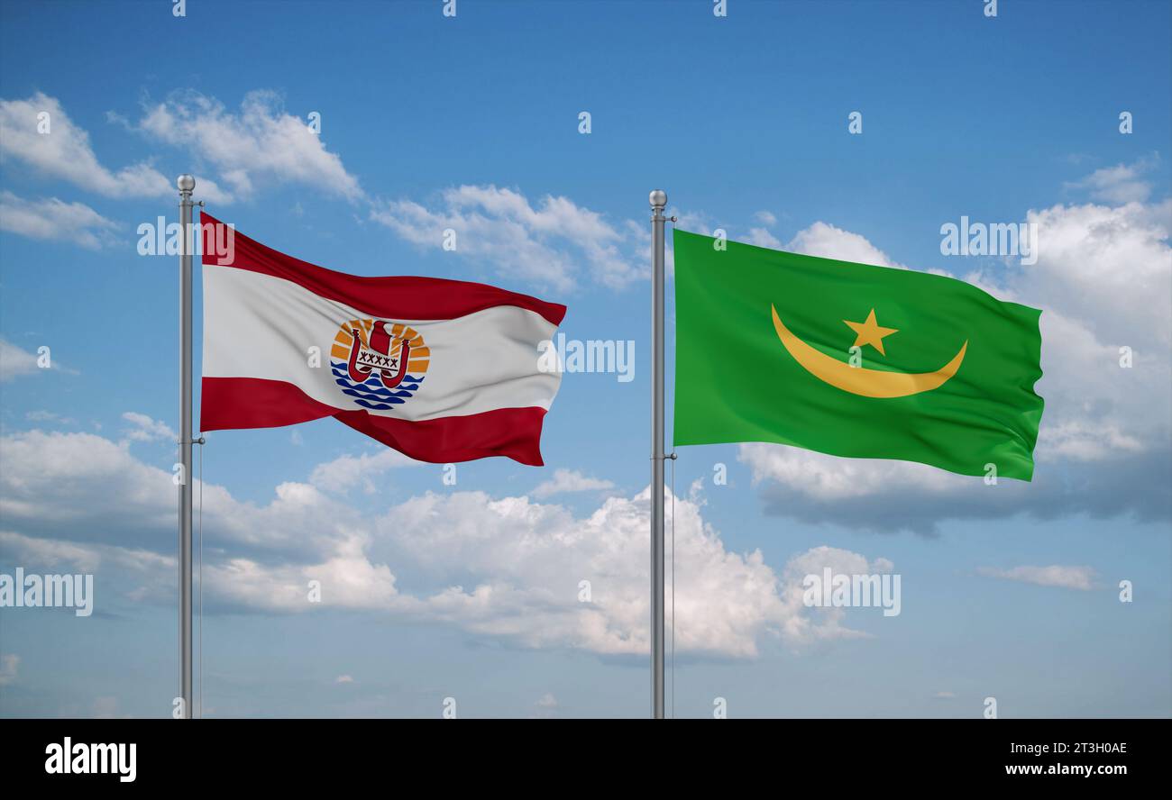 Mauritania and French Polynesia flags waving together on blue cloudy sky, two country ...
