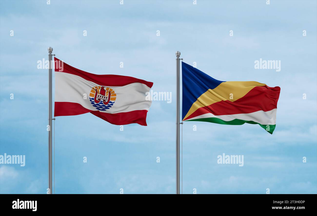Seychelles and French Polynesia flags waving together in the wind on ...