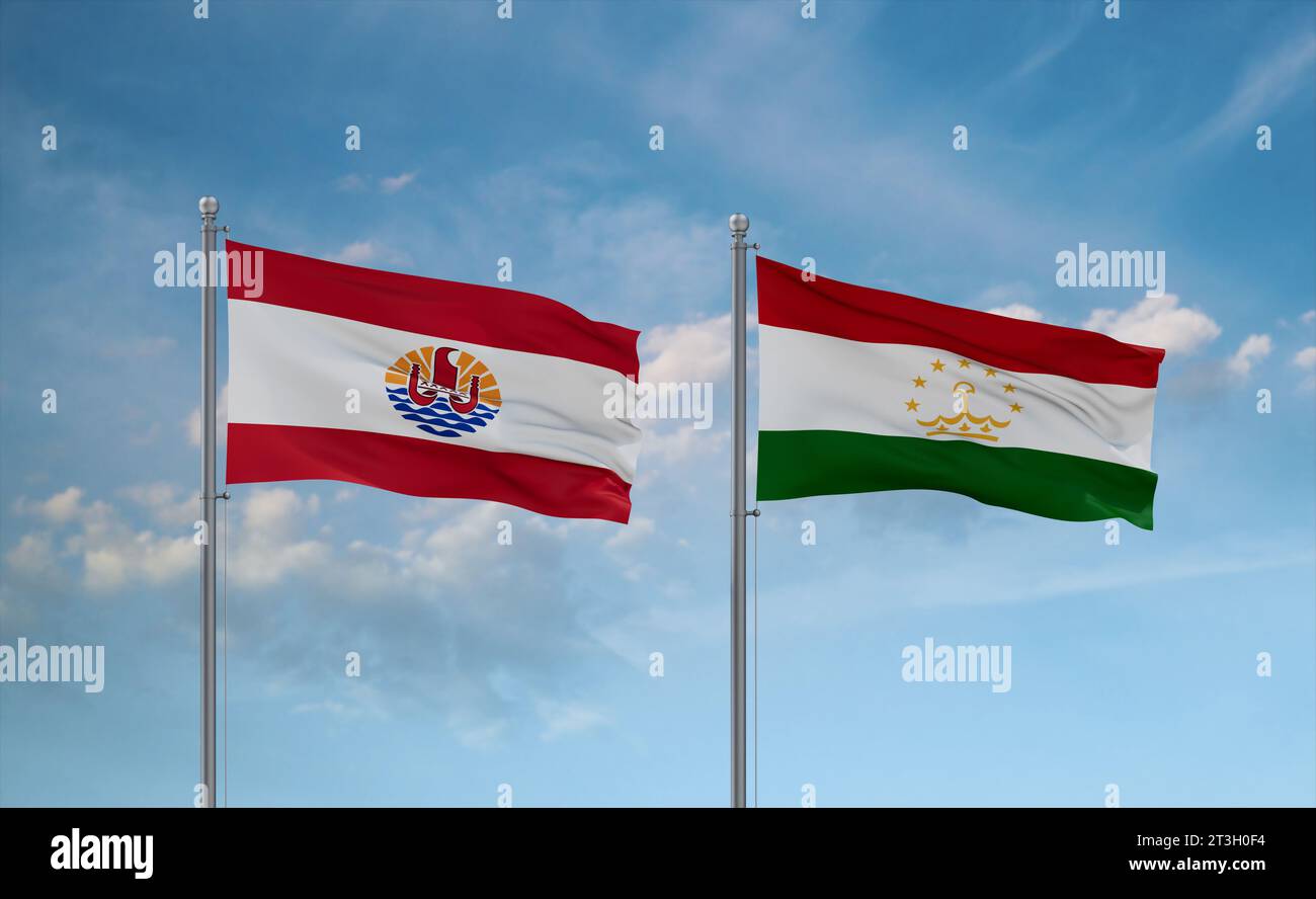 Tajikistan and French Polynesia flags waving together in the wind on blue cloudy sky, two ...