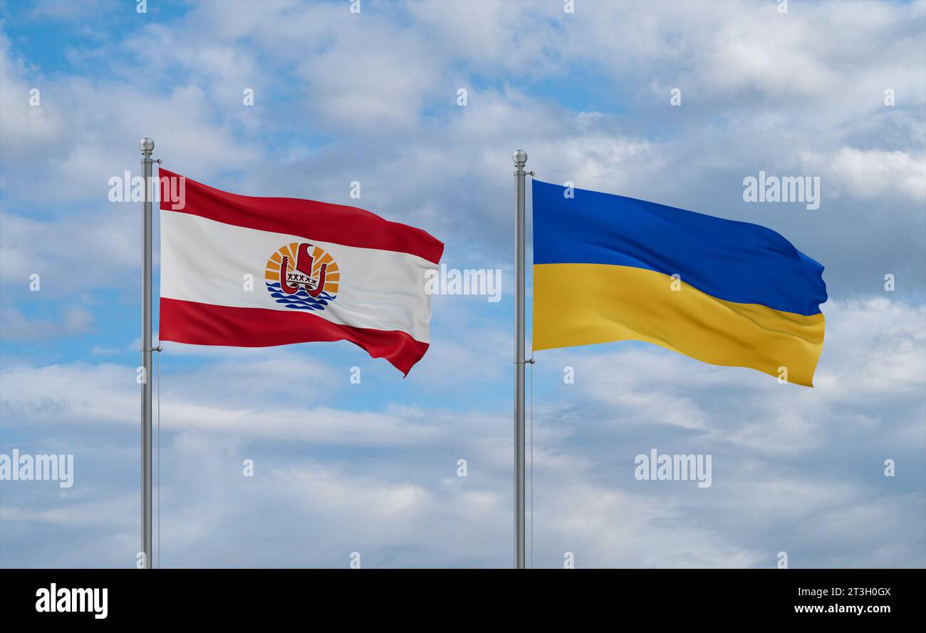 Ukraine and French Polynesia flags waving together in the wind on blue ...