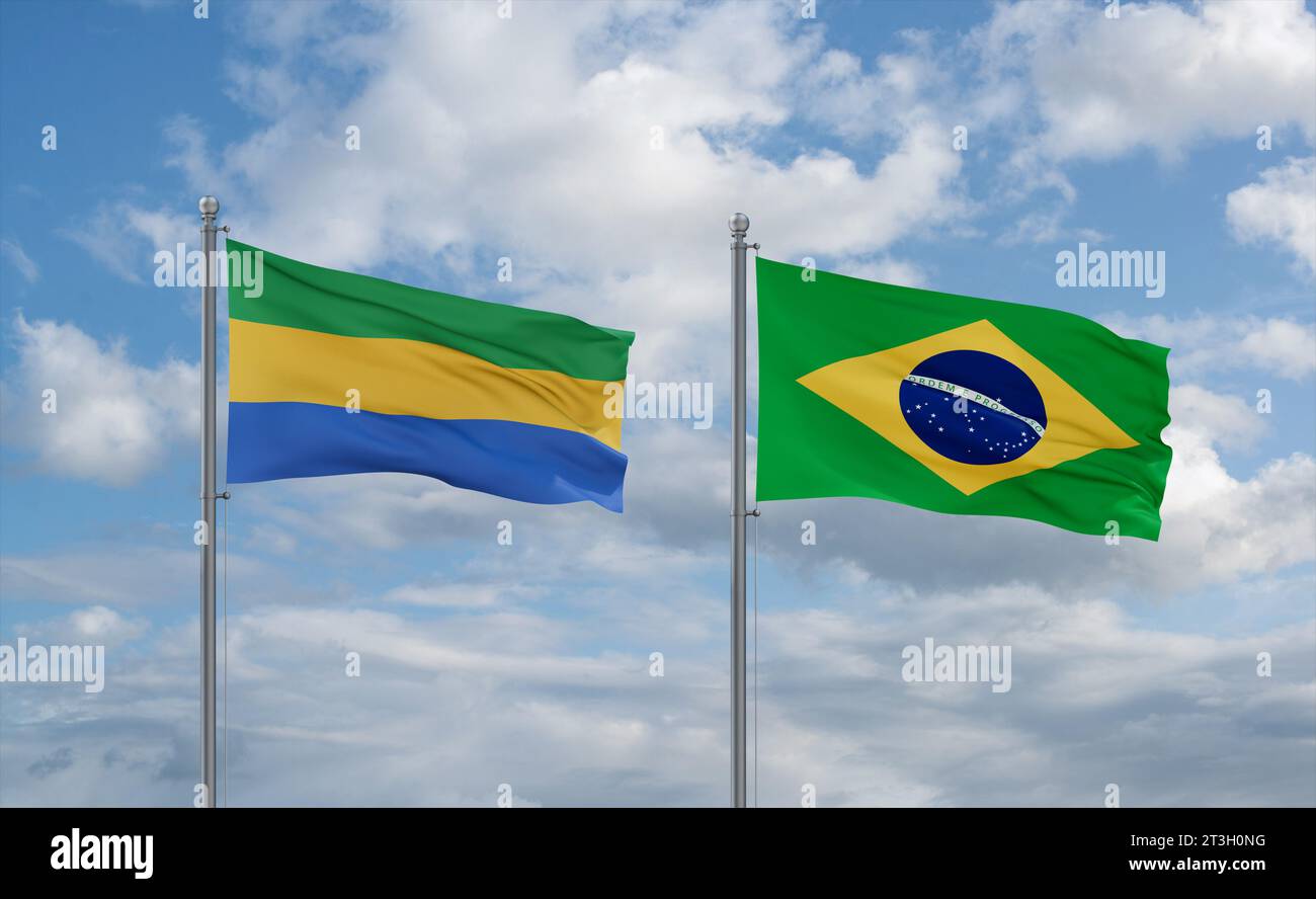 Brazil and Gabon flags waving together on blue cloudy sky, two country relationship concept ...